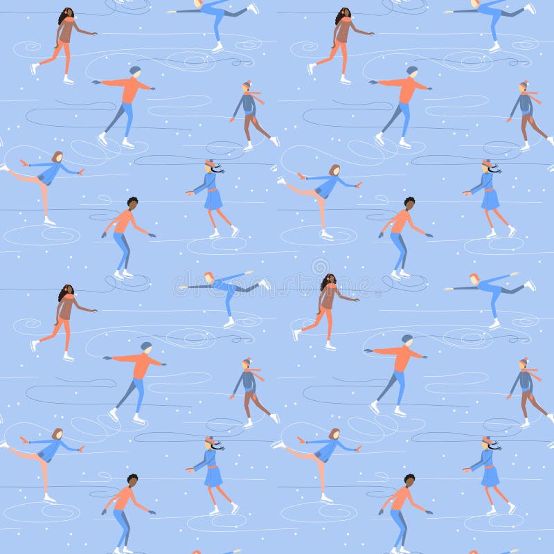 Winter Seamless Pattern with Ice-skating People Characters. Vector ...