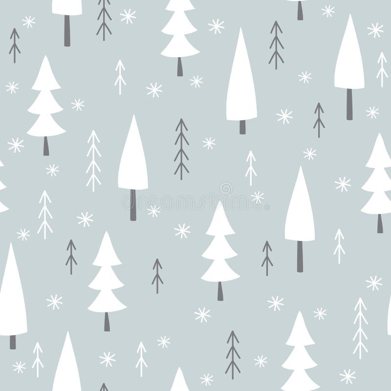 Winter Seamless Pattern with Trees and Snowflakes. Vector Illustration ...