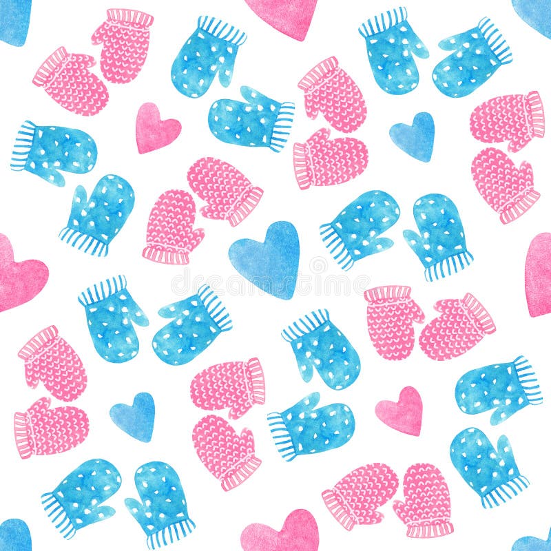 Winter Seamless Watercolor Pattern with Mittens and Hearts on White ...