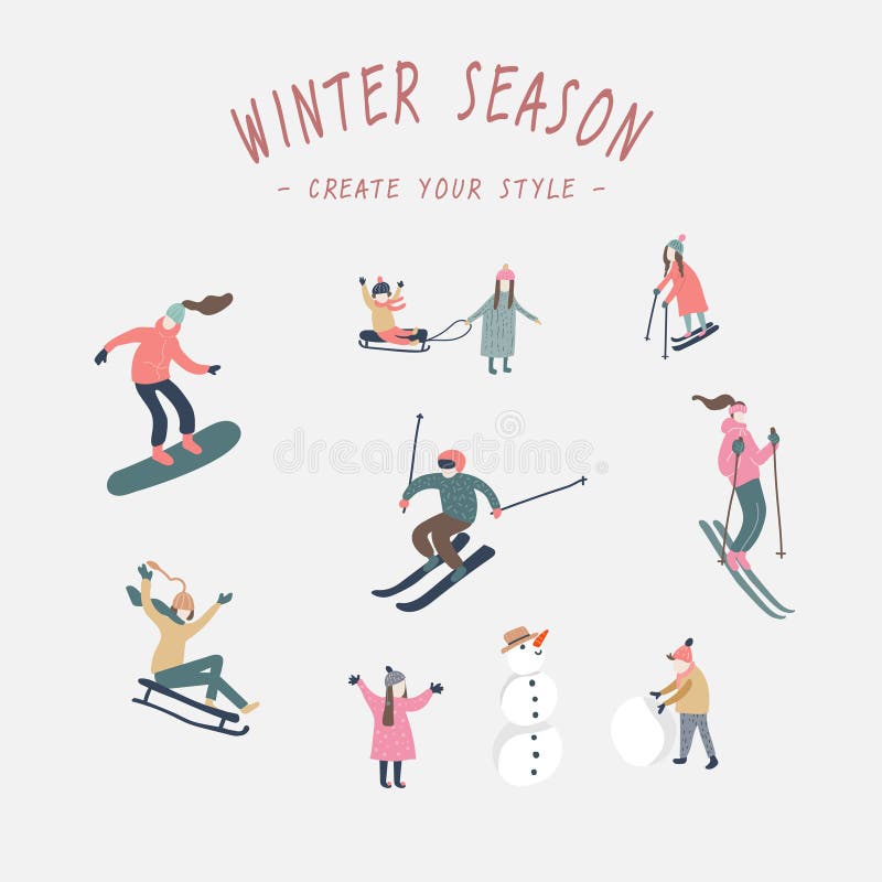 Winter Season and Cute Characters Design Stock Vector - Illustration of ...