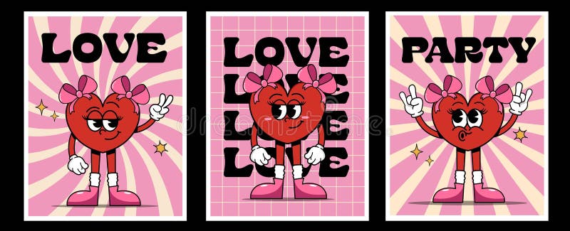 Set Retro Groovy Poster Happy Valentines Day Stock Vector ...