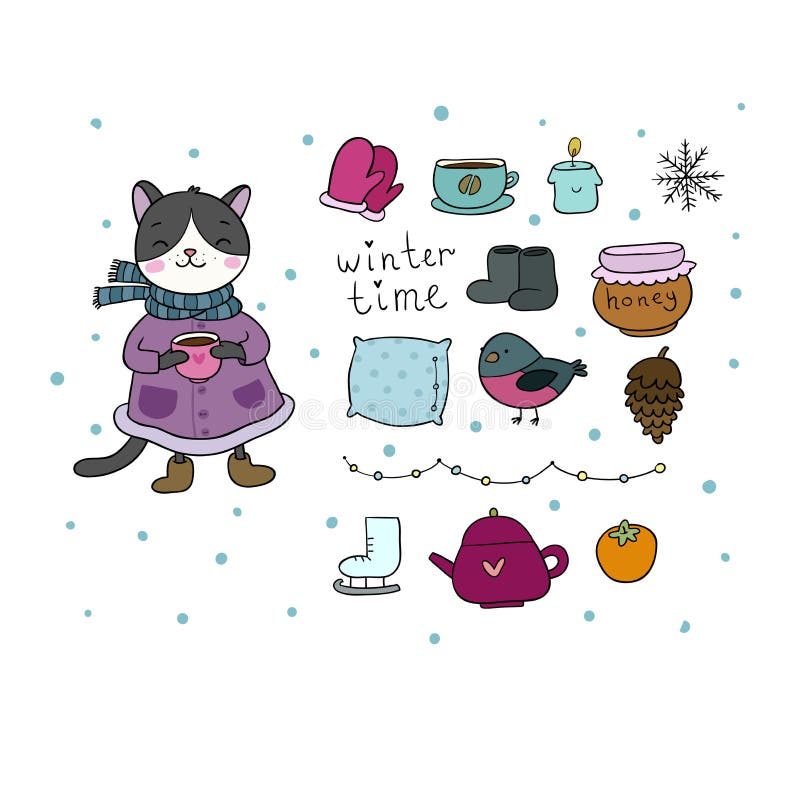 Winter Set. Cute Cartoon Kitty and Cozy Things for a Cold Evening. Lazy ...