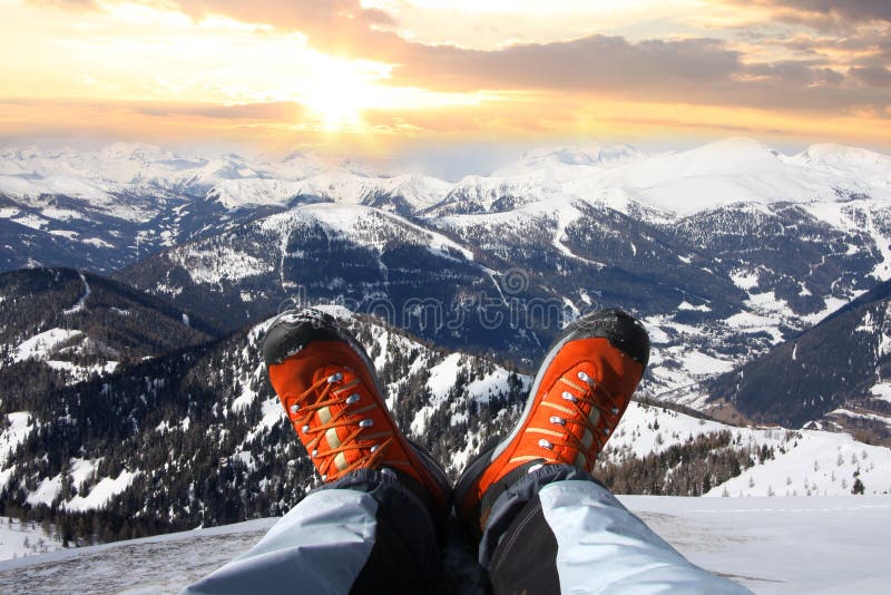 Winter Shoes Against Sunset Over the Alps Stock Image - Image of sport ...