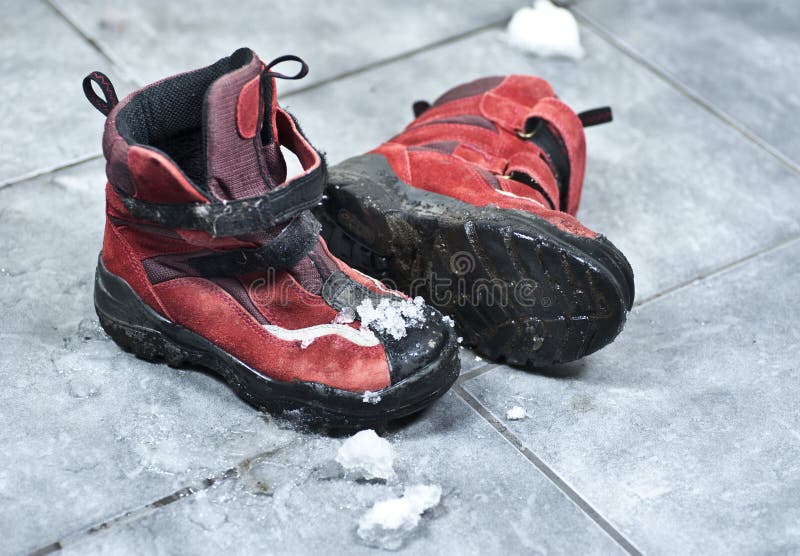 Winter Shoes Making a Mess in the Entrance Stock Image - Image of ...