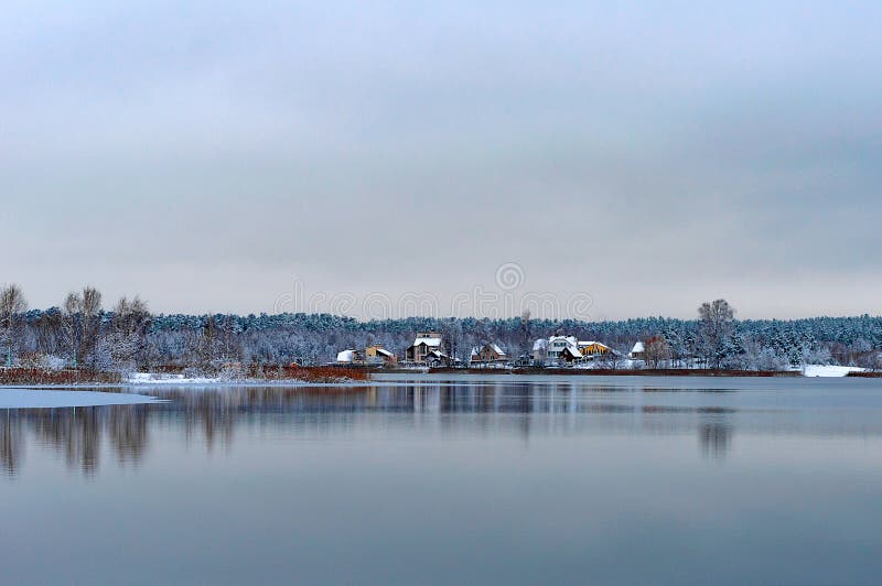 Winter shore lake house stock image. Image of reed, winter - 166290527