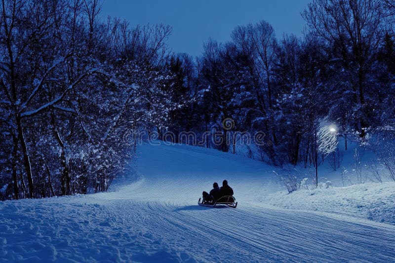 Winter Sledding Adventure at Night Stock Illustration - Illustration of ...