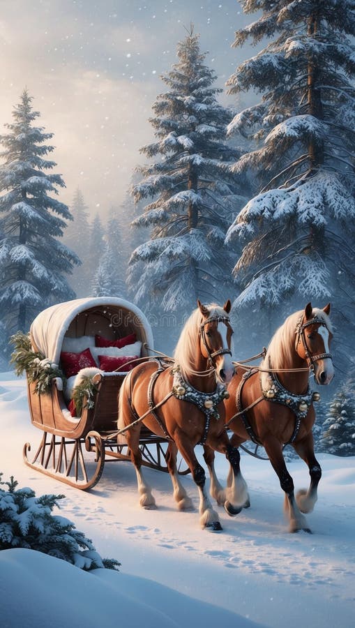 Winter Sleigh Ride through Snowy Forest Pulled by Horses Wearing Bells ...