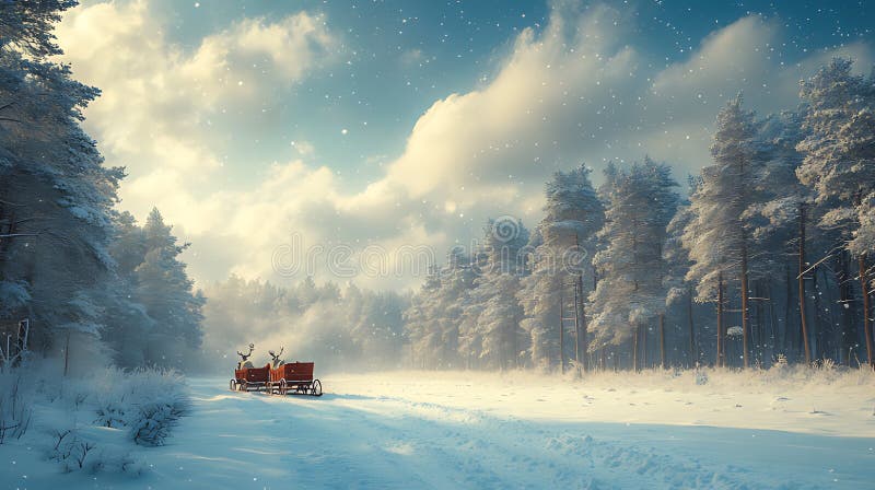 Winter Sleigh Ride through Snowy Forest, Sunrise Stock Illustration ...