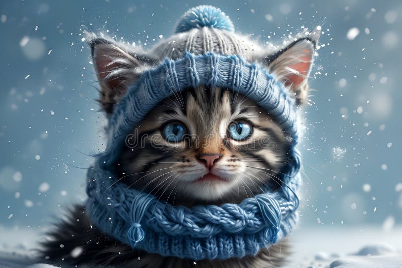 Winter, Snow, Cat in a Warm Hat Stock Photo - Image of wool, light ...