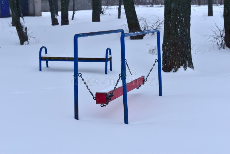 Winter. Snow-covered Playground in the Park. Stock Image - Image of ...
