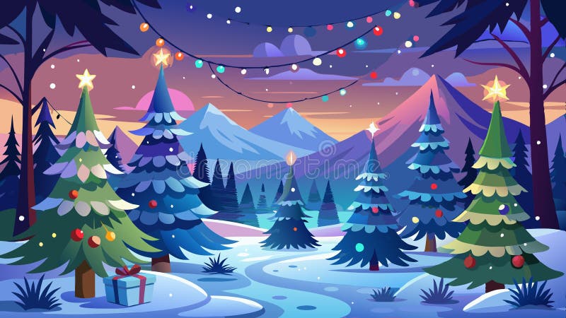 Winter Snow Evening Landscape with Decorated Christmas Trees in the ...