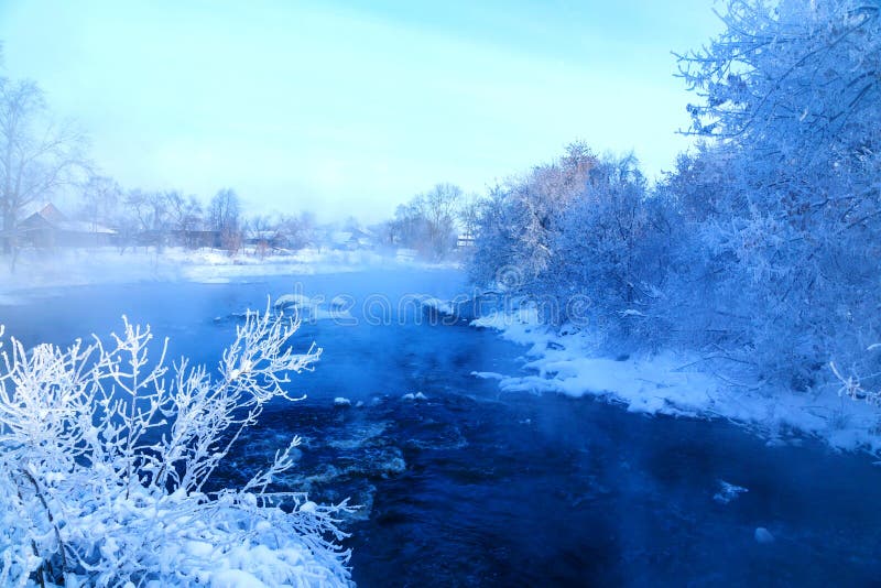 Winter Snow Forest River Landscape. Forest River in Winter. Winter ...