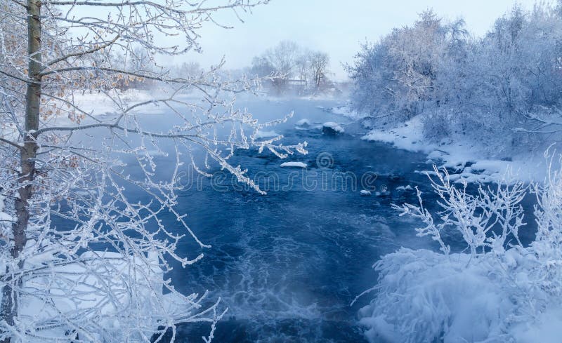 Winter Snow Forest River Landscape. Forest River in Winter. Winter ...