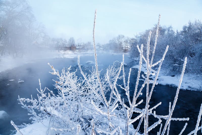 Winter Snow Forest River Landscape. Forest River in Winter. Winter ...