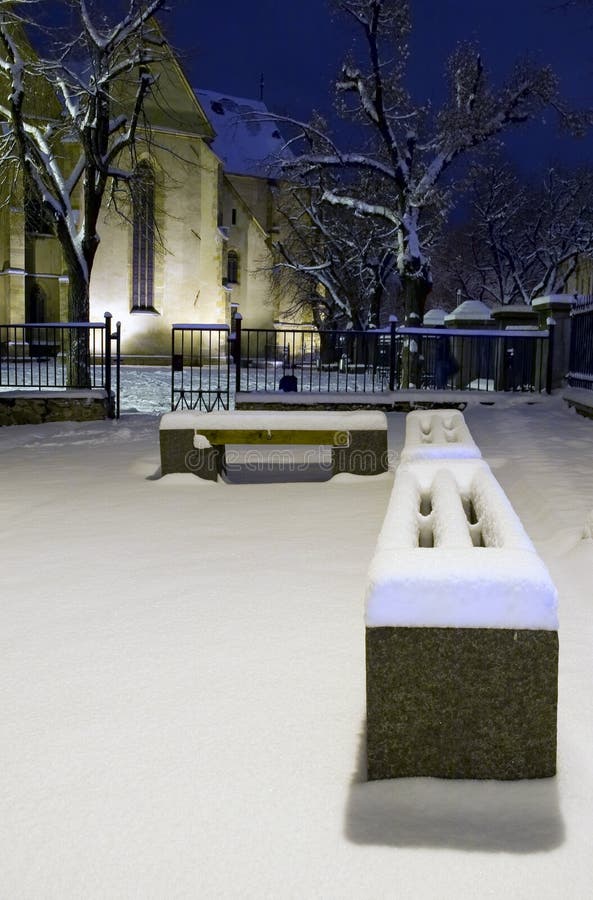 Winter Snow Park Bench by Night Church Yard Sibiu Stock Photo - Image ...