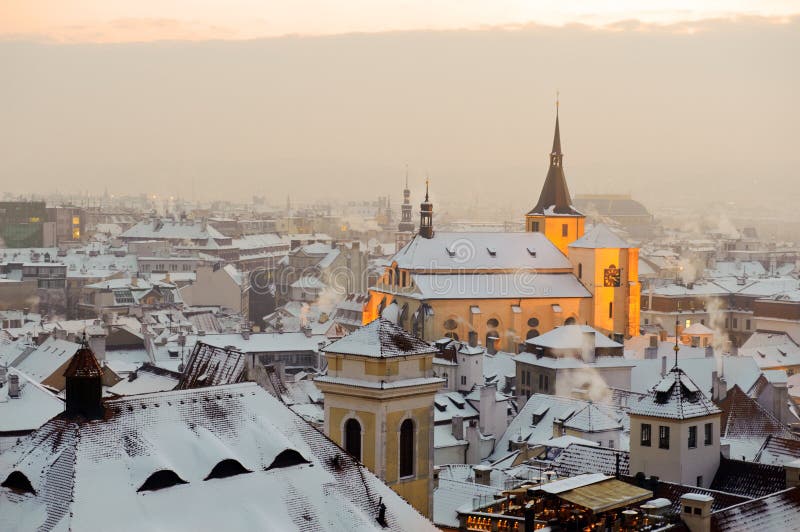 Winter Snow Prague at Sunrise Stock Photo - Image of christmas, detail ...