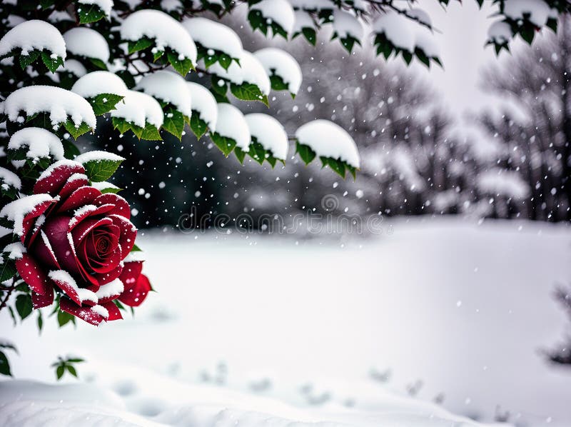Winter Snow and Red Rose. stock image. Image of flakes - 314509653