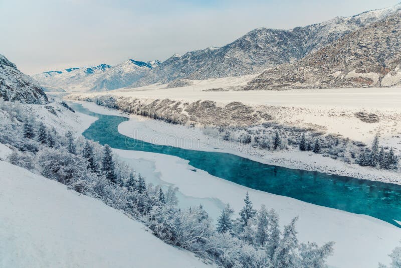 Winter Snow River in Mountains. Snow Winter Mountain River Valley ...