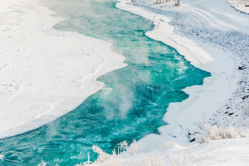 Winter Snow River in Mountains. Snow Winter Mountain River Valley ...