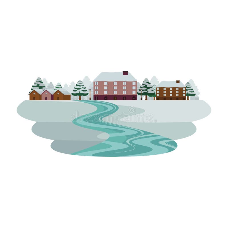 Winter Snow Town and Village with Lake Landscape Stock Vector ...