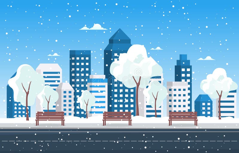 Winter Snow Tree Snowfall City Building Landscape Illustration Stock ...