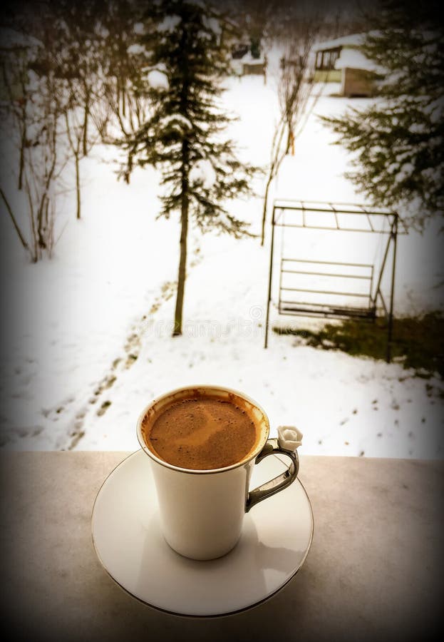 Winter Snow View with One Cup Coffee Stock Image - Image of sill ...
