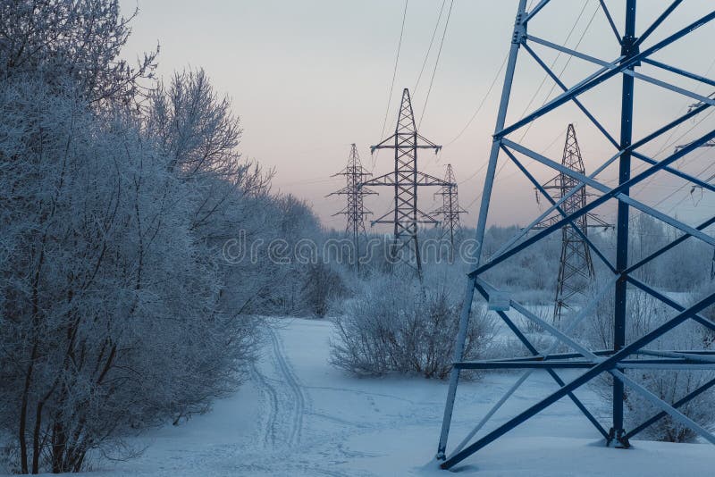 Winter, Snowfall. Power Lines in the Snow Stock Image - Image of power ...