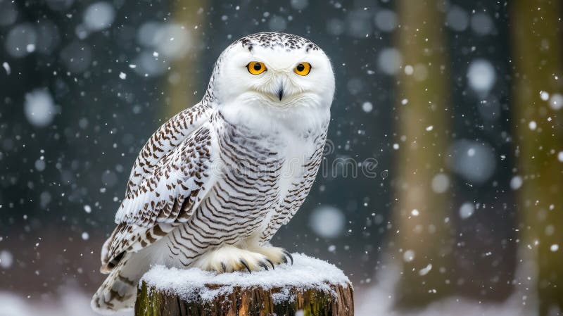 During a Winter Snowfall, a Snowy Owl Perched on a Tree Stump Blanketed ...
