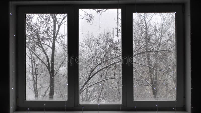 Winter Snowfall through White Windows and Glass Stock Video - Video of ...