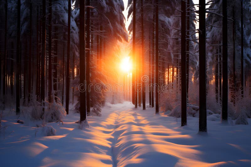Winter Snowy Forest Scene As Banner, Sunset or Sunrise Stock ...
