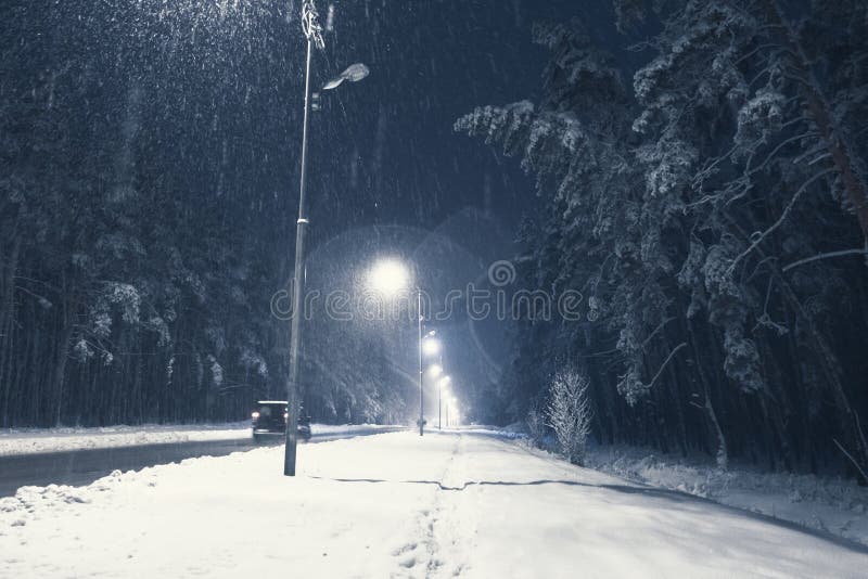 Winter Snowy Night Road Along the Forest. Lanterns are Lit Along the ...