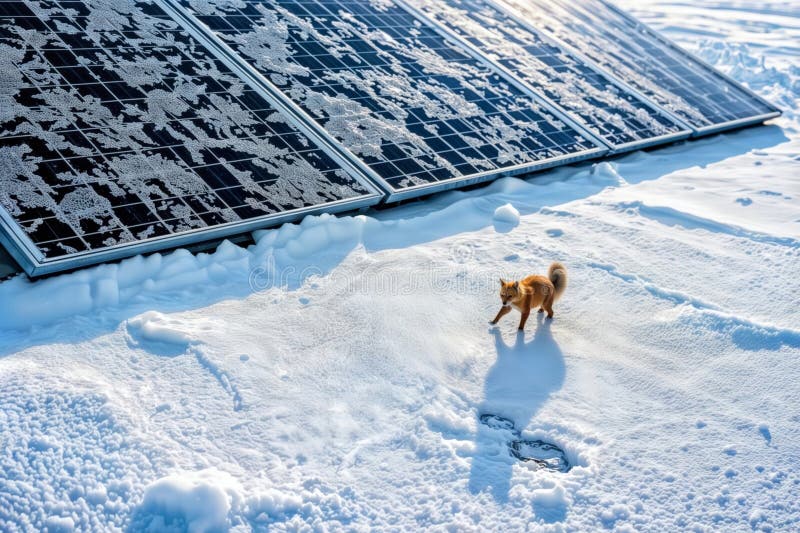 Red Fox Exploring Snowy Landscape Near Solar Panels, Generative Ai ...