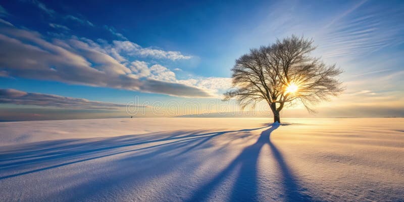 Winter Solitude a Lone Tree Casts a Long Shadow Across a Snow-covered ...
