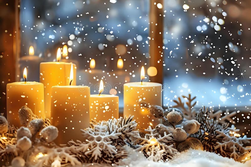Winter Solstice Candlescape: Festive Lights and Snow Stock Photo ...