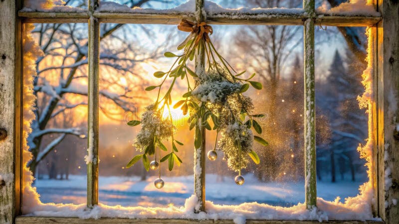 Winter Solstice Sunset Scene with Snow-covered Mistletoe Hanging in ...