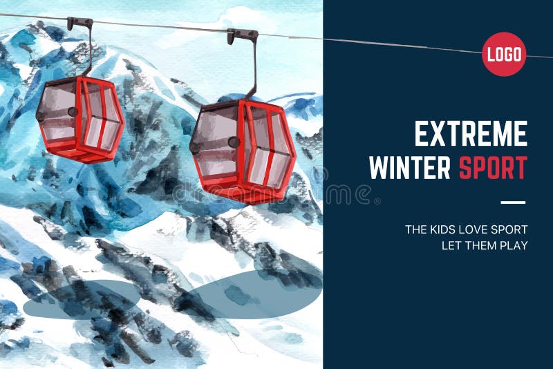Winter Sport Frame Design with Ropeway Watercolor Illustration Stock ...