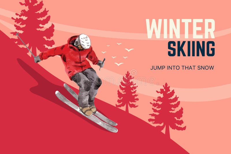 Winter Sport Frame Design with Ski Watercolor Illustration Stock ...