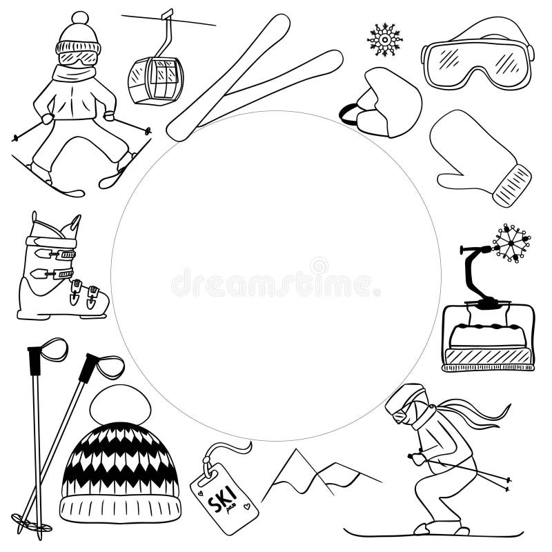 Winter Sports Background with Ski Equipment Elements in Circle with ...