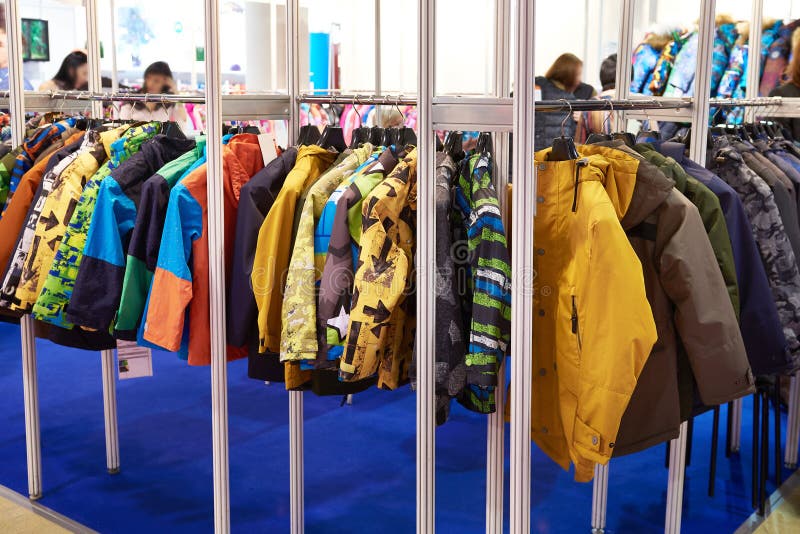 Winter Jackets with Colored Fur Collars in Clothing Store Stock Photo ...