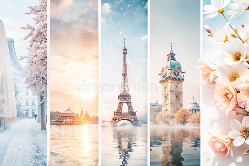 Winter , Spring Destinations Collage Stock Illustration - Illustration ...