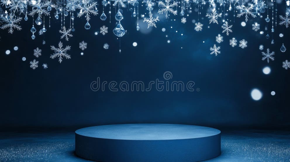 A Winter Stage Setup with Blue Background and Snowflake Decorations for ...