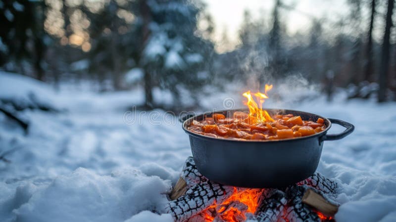 Winter Stew Cooking Over Open Fire in Snowy Woods Stock Illustration ...