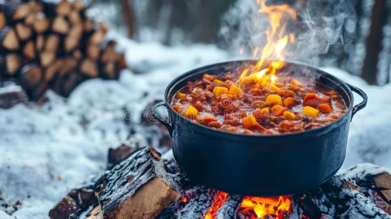 Winter Stew Simmering Over Open Fire Camp Stock Illustration ...