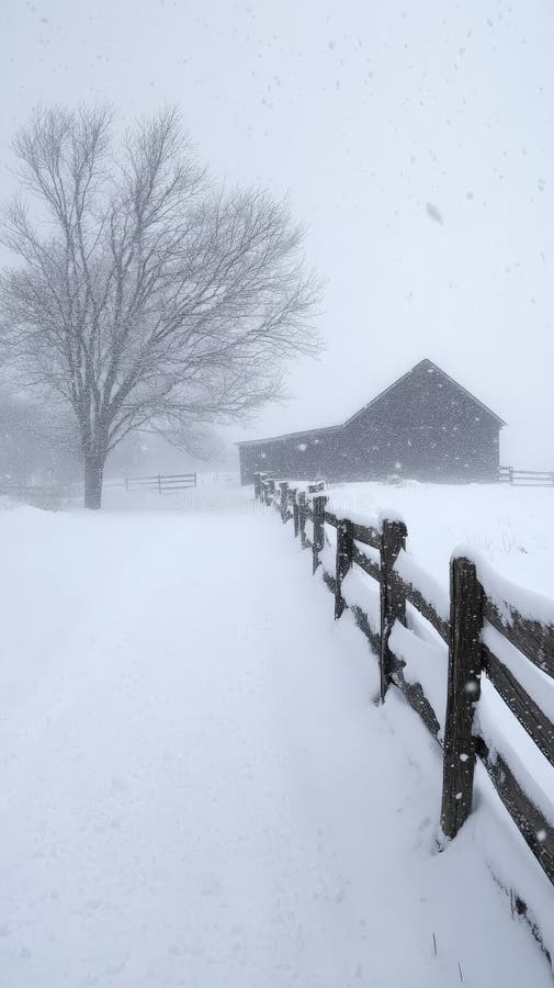 Winter Storm Enveloping a Rural Farm Landscape Stock Illustration ...