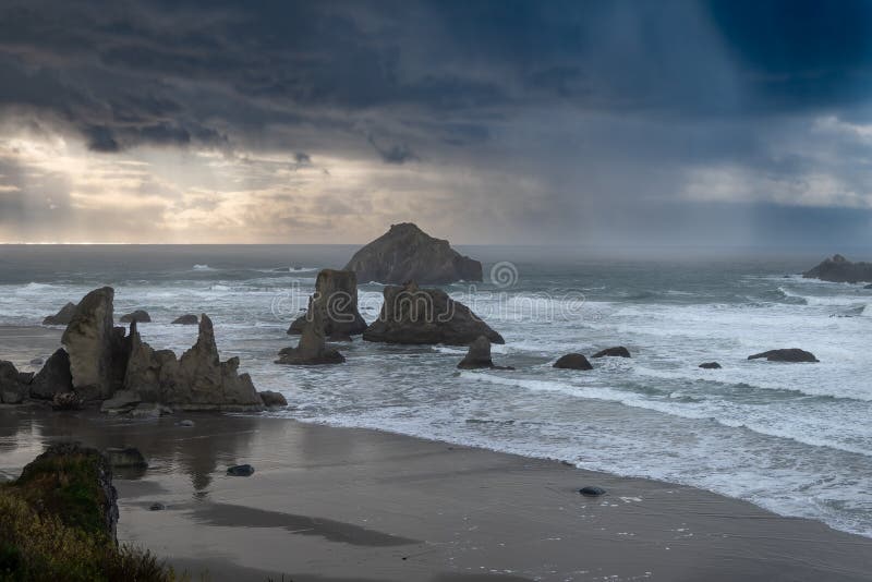 Winter Storm and Rain Over Sea Stacks at the Oregon Coast Stock Photo ...
