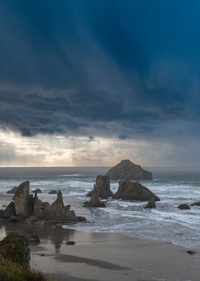 Winter Storm and Rain Over Sea Stacks at the Oregon Coast Stock Photo ...