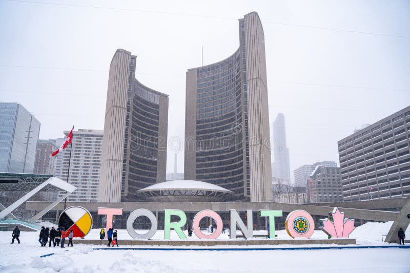 Winter Storm View of Nathan Phillips Square in Downtown Toronto ...
