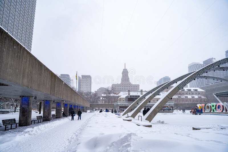 Winter Storm View of Nathan Phillips Square in Downtown Toronto ...