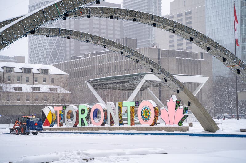 Winter Storm View of Nathan Phillips Square in Downtown Toronto ...