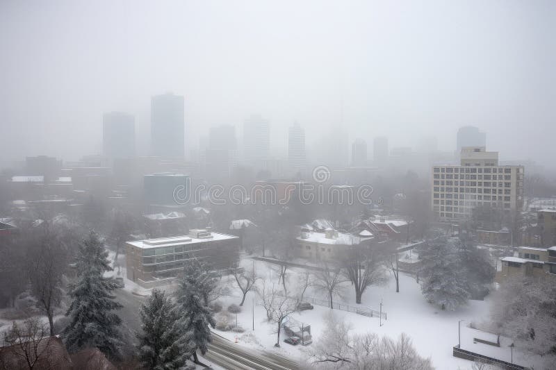 Winter Storm, with View of Tress and Buildings Covered in Snow Stock ...